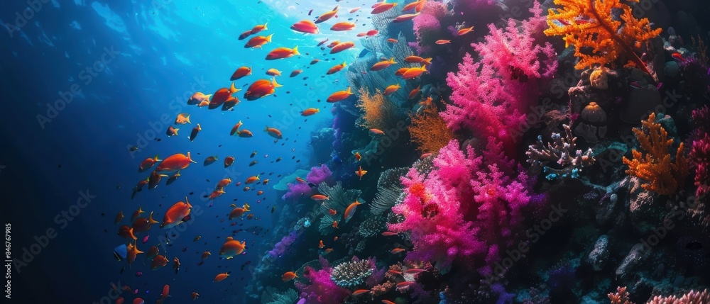 Colorful marine life in the deep sea, coral reefs and diverse fish ...
