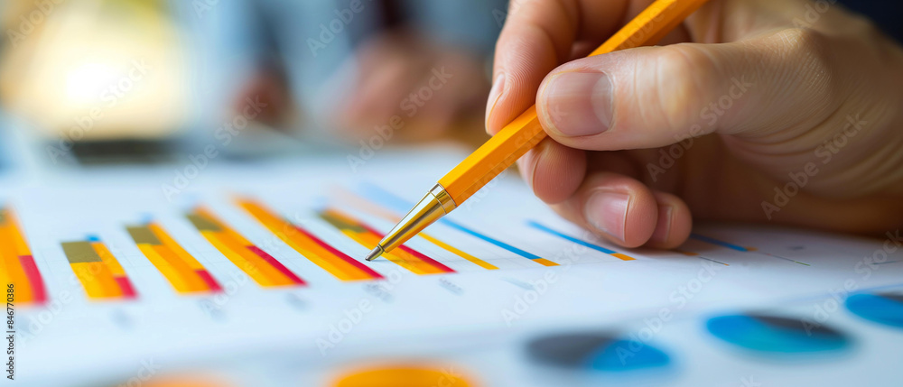 Businessman analyzing bar graph with yellow pencil, diagram data ...