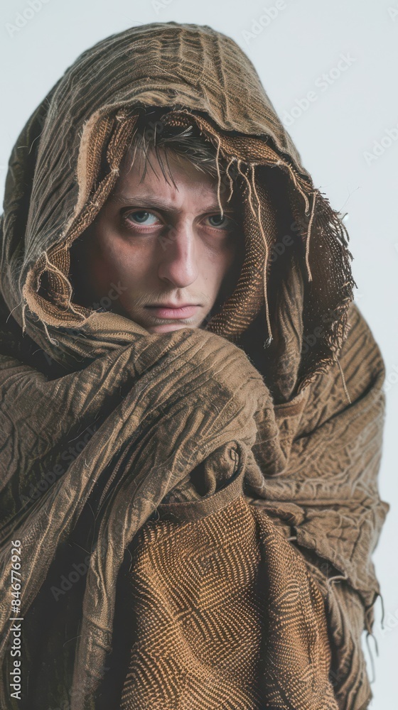 Portrait of a Gaunt Young Man in a Brown Sackcloth Hood with a Pale ...