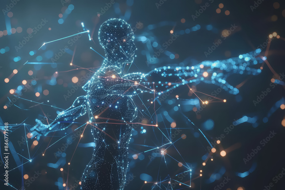 Visualize a blockchain network woven through human anatomy, connecting ...