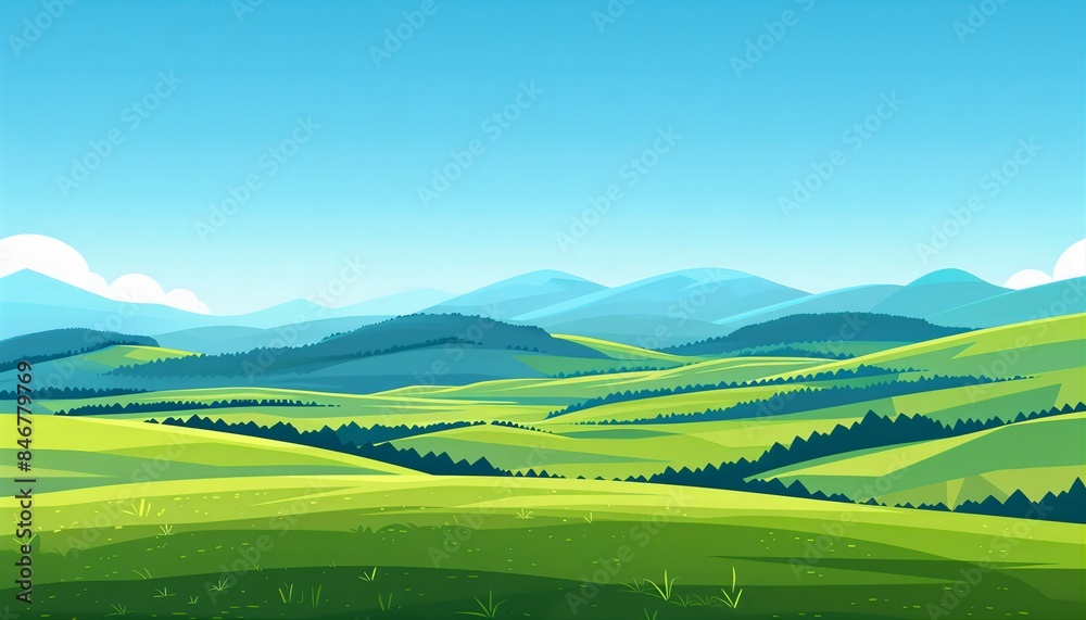 Vibrant Cartoon Illustration of Rolling Hills and Green Fields Under ...