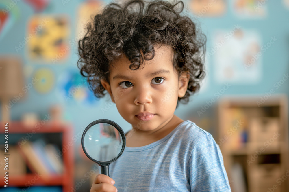 Child with curly hair, wearing a blue shirt, holding a magnifying glass ...