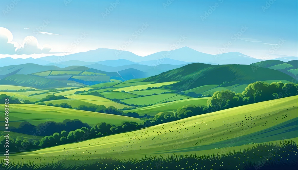 Vibrant Cartoon Illustration of Rolling Hills and Green Fields Under ...