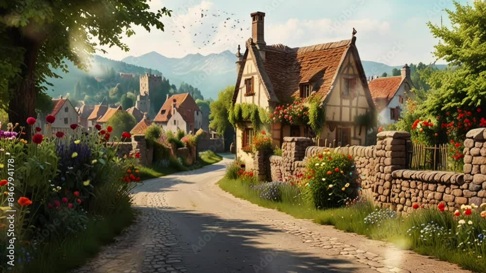 atmosphere of the beauty of a beautiful old village with a mountain ...