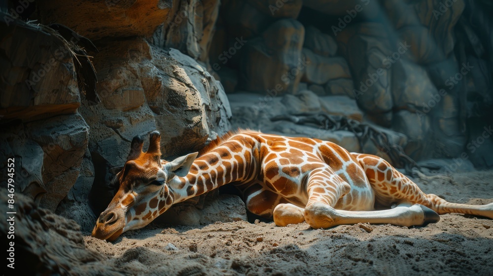 A giraffe resting on the ground in a rocky enclosure, bathed in soft ...