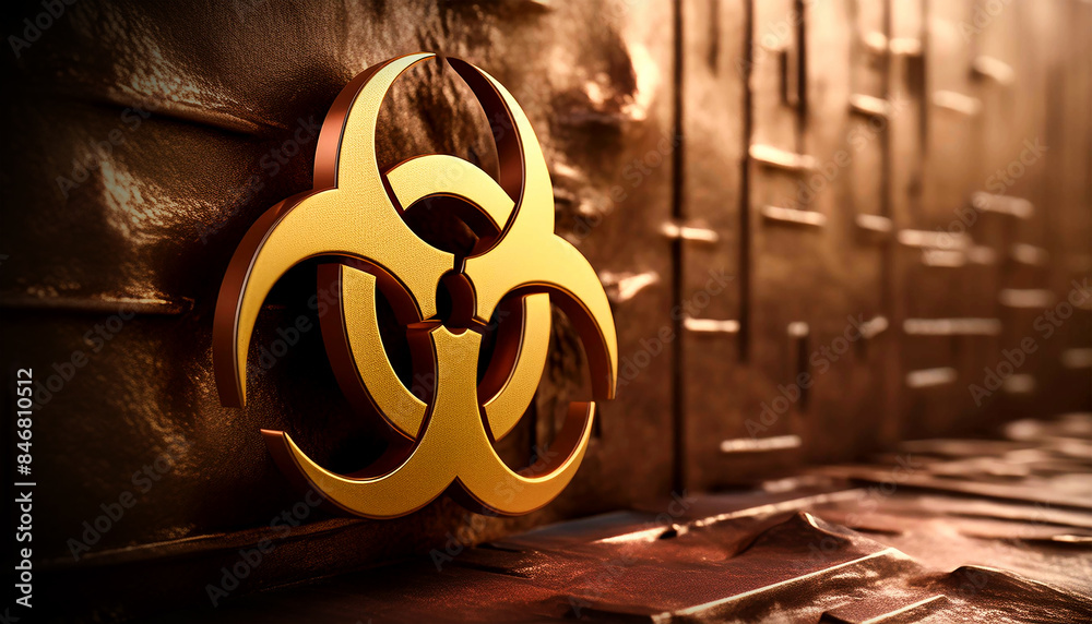 Extreme close-up of a Biohazard sign symbol on a rusty metal wall ...