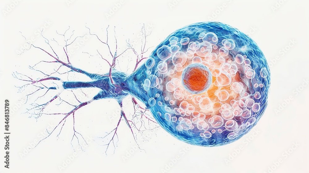Detailed illustration of a neuron cell with vibrant colors, showcasing ...