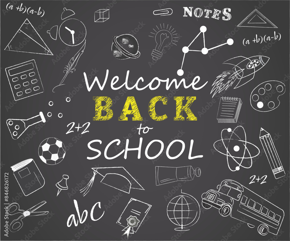Welcome Back to School Poster. Cartoon character with school blackboard ...