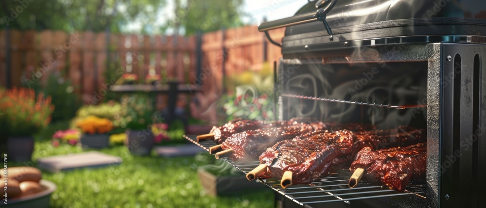 3D rendering of a smoker with meat inside, close up, culinary theme ...
