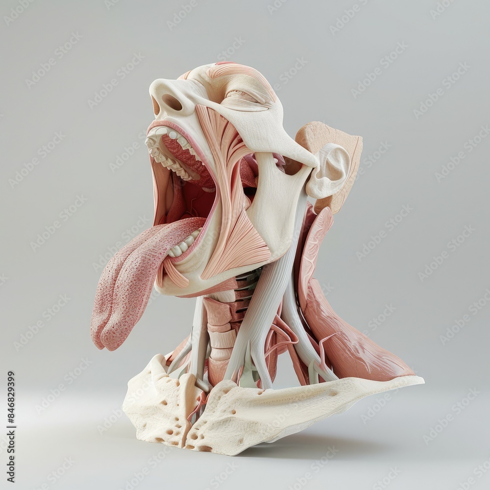 Detailed anatomical model of the human head and neck showing muscles ...
