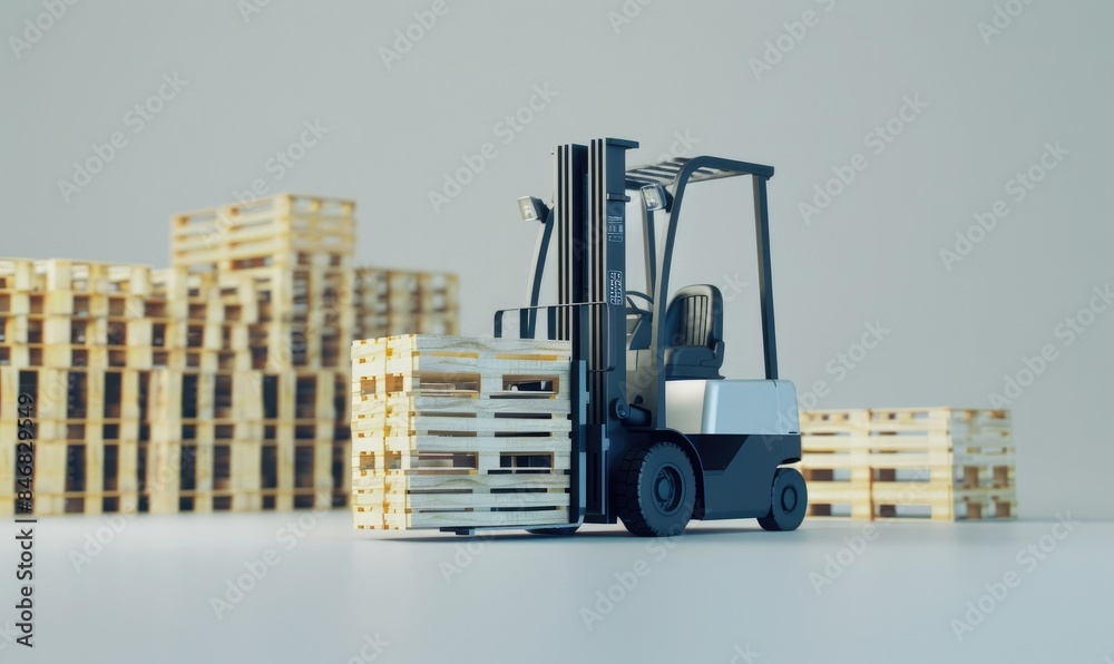 Forklift transporting wooden pallets in a warehouse. Efficient ...