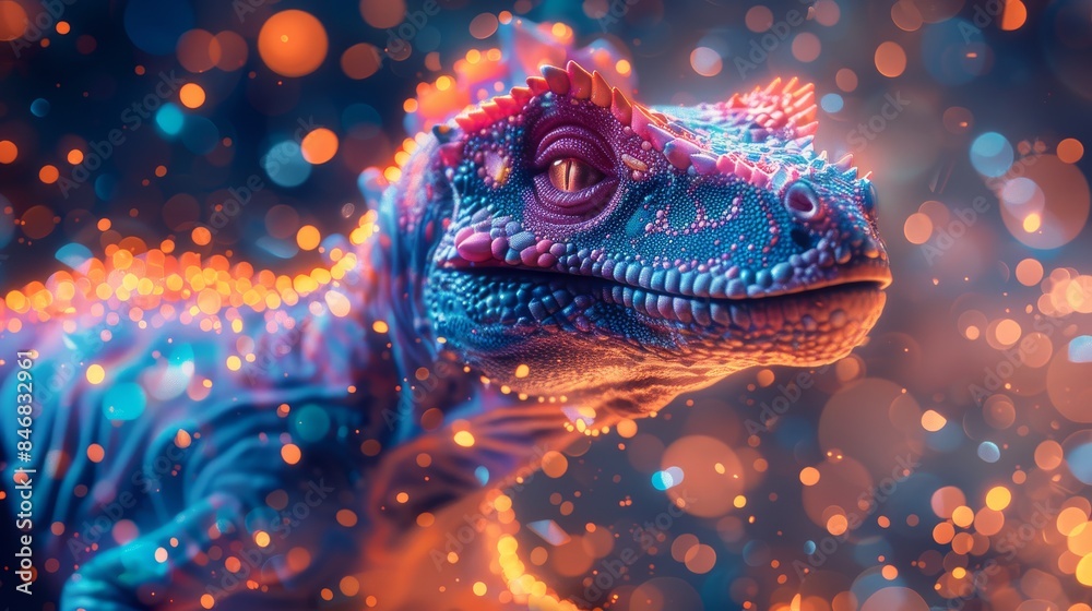 Magically tinted digital art of a dinosaur face with sparking textures ...