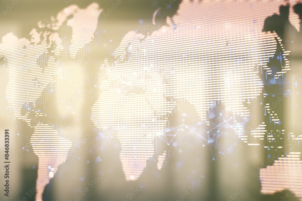 Double exposure of abstract digital world map hologram on empty room ...