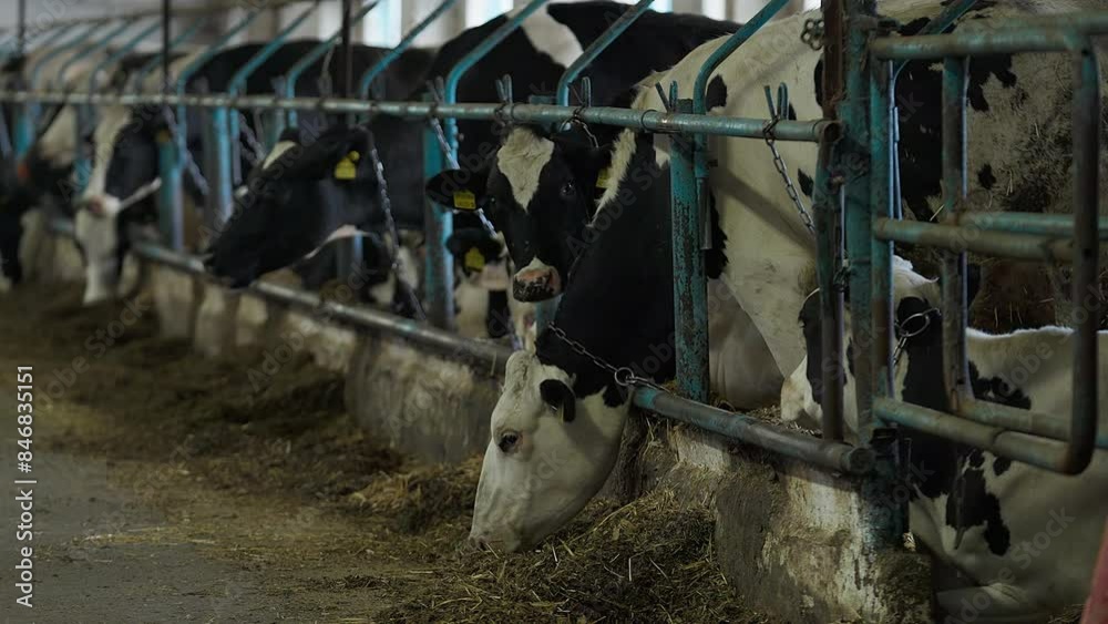 Feeding cows cattle at the agricultural dairy barn. Feeding cattle cows ...