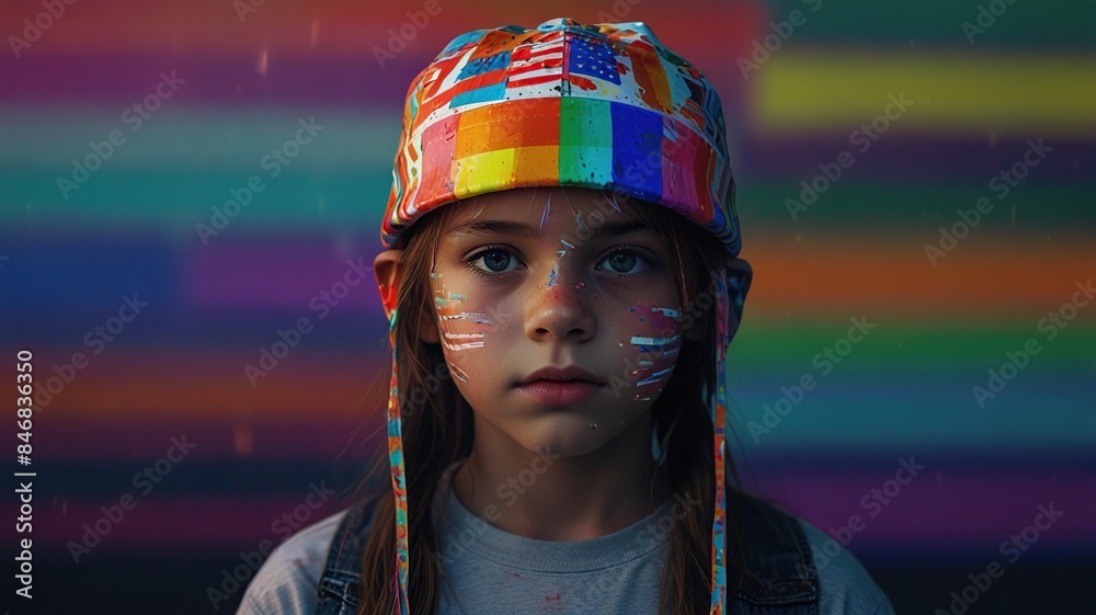 A young person is wearing a rainbow-colored hard hat and face paint ...