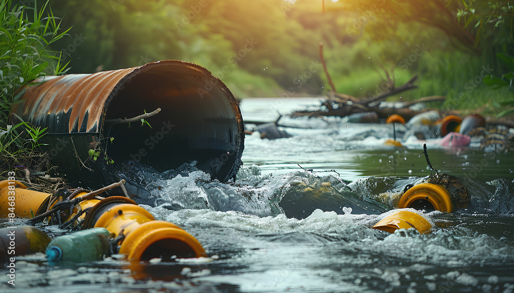 toxic water release into the river, industry pipe drain waste water ...