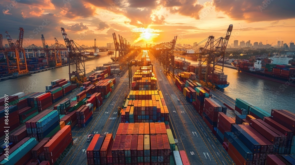 Container ship at industrial port in import export business logistic ...