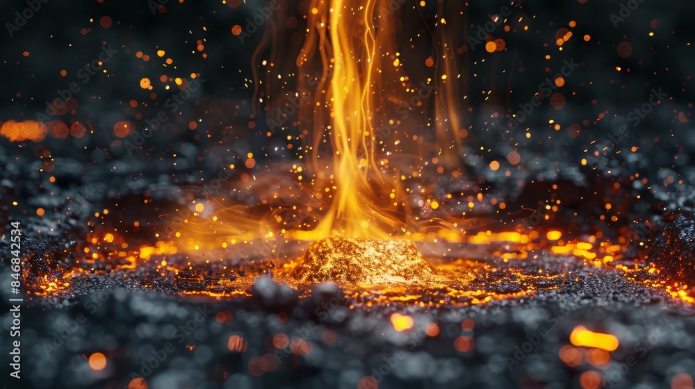 Molten metal stream flowing into a mold, capturing the fiery glow and ...