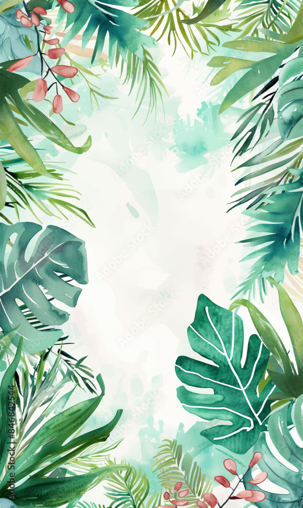 Watercolor frame with tropical jungle leaves. Watercolor summertime ...