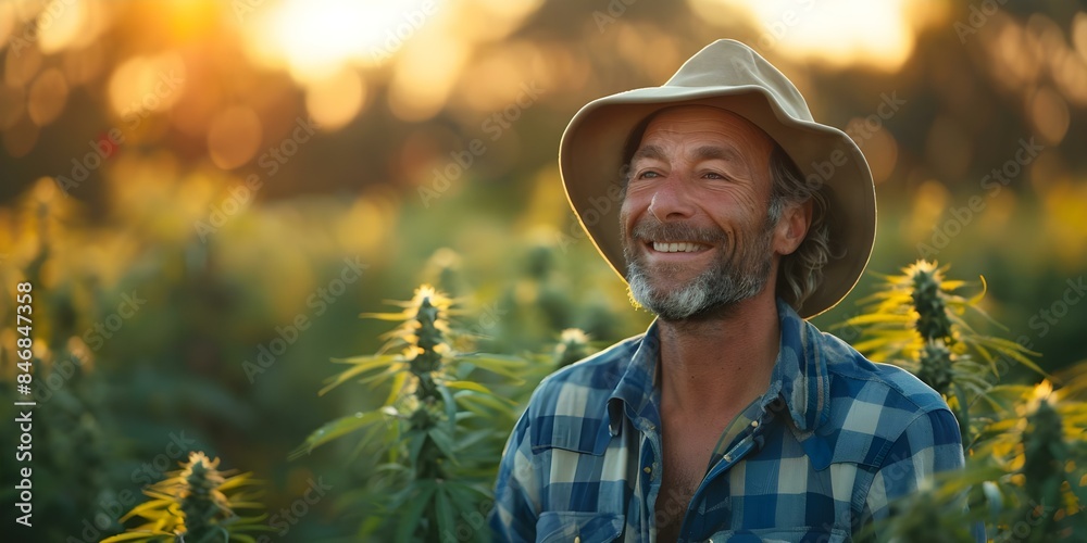 Joyful marijuana farmer protecting his valuable crop with care and ...