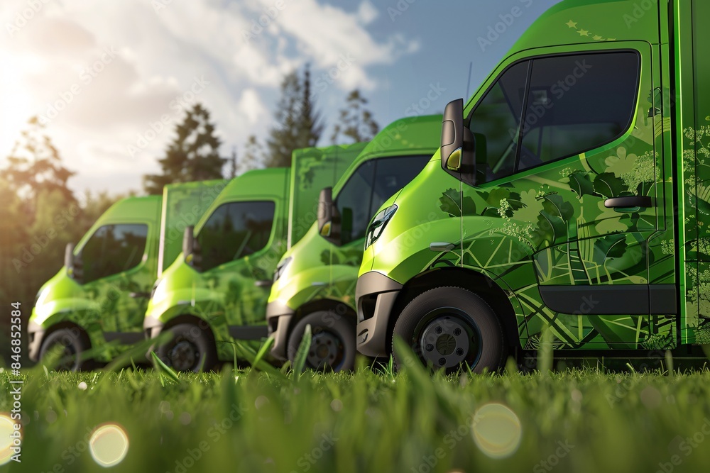Branded green delivery vans lined up on grass, showcasing eco-friendly ...