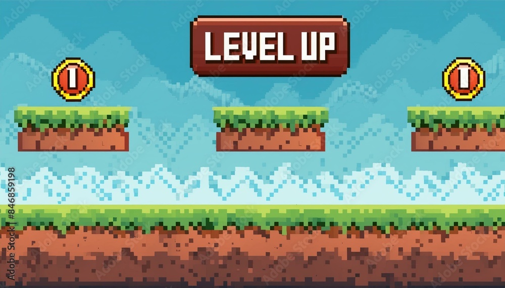 Retro style pixel art game background with level up button Stock ...