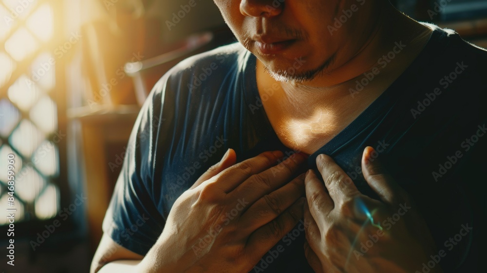 hand hold chest with heart attack symptoms, man have chest pain caused ...