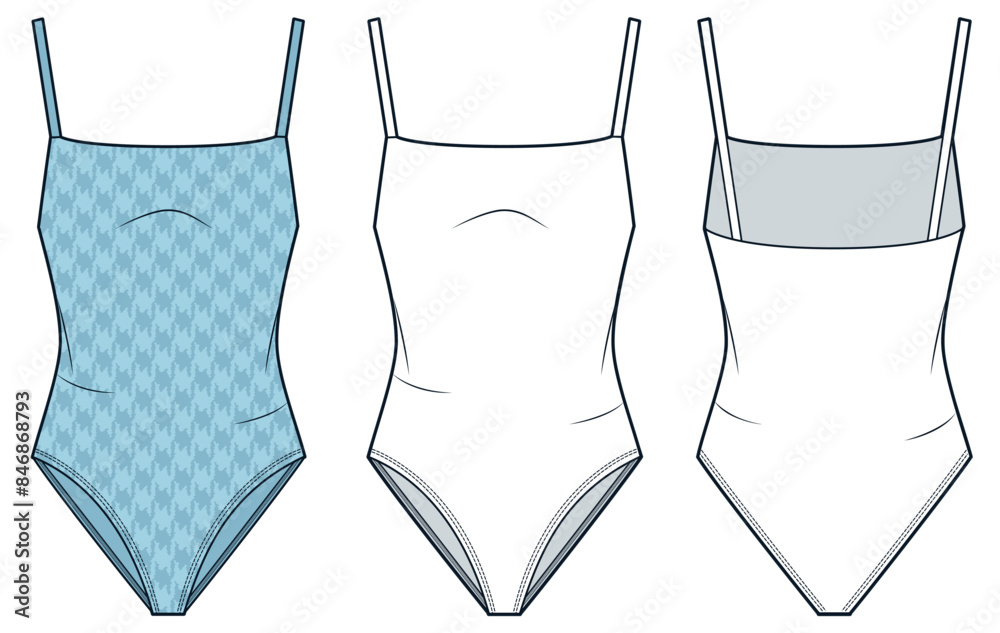 One Piece Swimsuit technical fashion illustration, houndstooth pattern ...