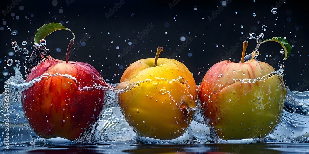 Apples of different colors dropped into water creating splashes and ...