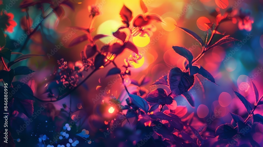 Glowing fantasy garden with vibrant silhouette and magical flora in ...