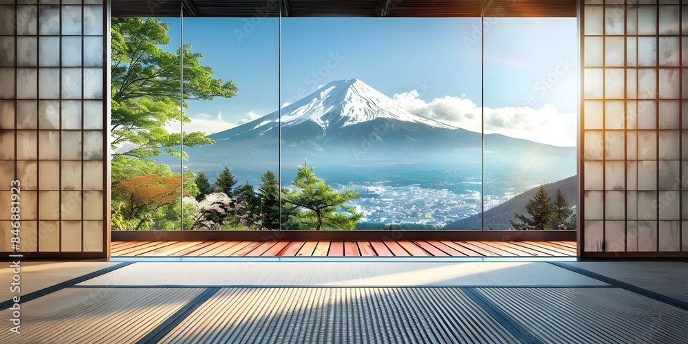 Peaceful scene of Mount Fuji in traditional Japanese room with shoji ...