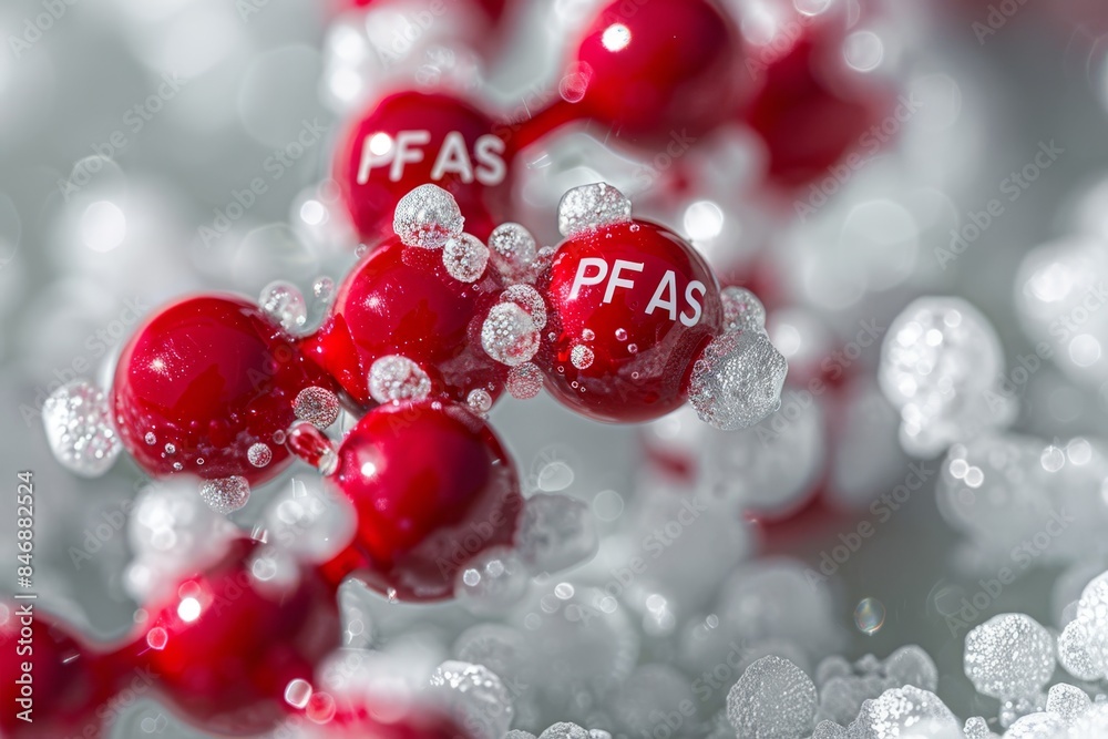 Chemical structure molecule with sign PFAS close up, pollution and health risks symbol, banner ...