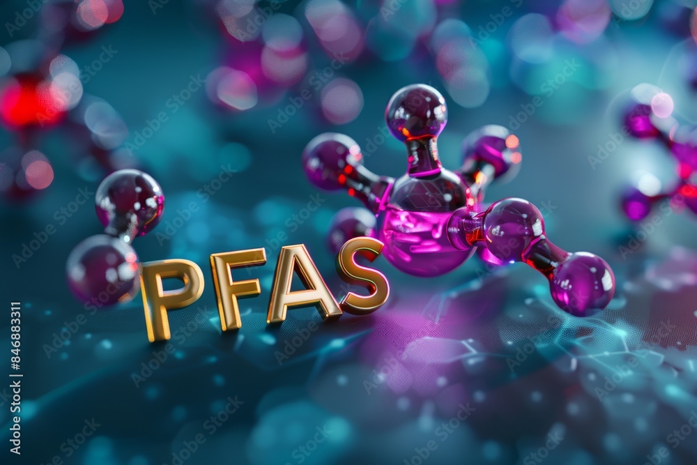 PFAS sign on a 3d chemical structure molecule close up, pollution and ...