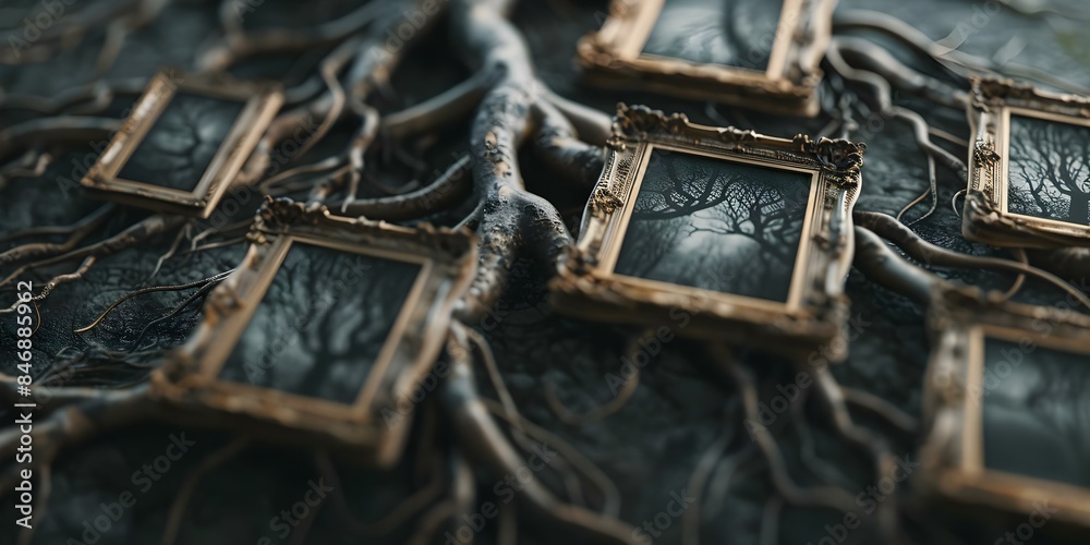 Picture frames on tree branches symbolizing genealogy ancestry and ...