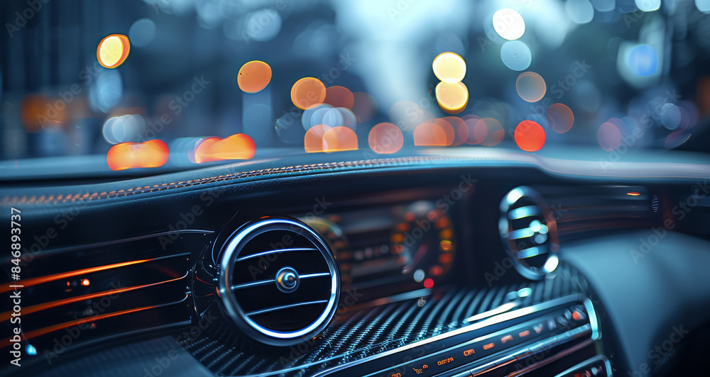 A front-facing view of a luxury car interior, focusing on the air vent ...