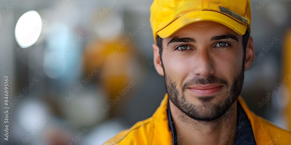 ภาพประกอบสต็อก Male cleaner in uniform from cleaning company poses for ...