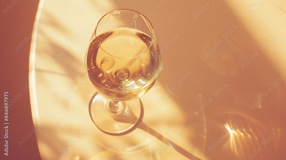 One wineglass with white wine sparkling at sunlight beige background ...