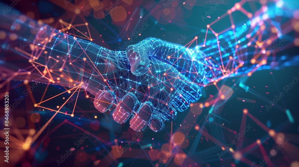 Simple and clear digital icon of a handshake transformed into a symbol ...