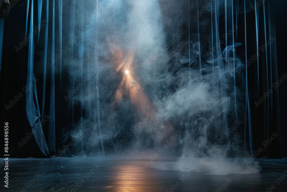 Dramatic theater stage with a single spotlight illuminating a black ...