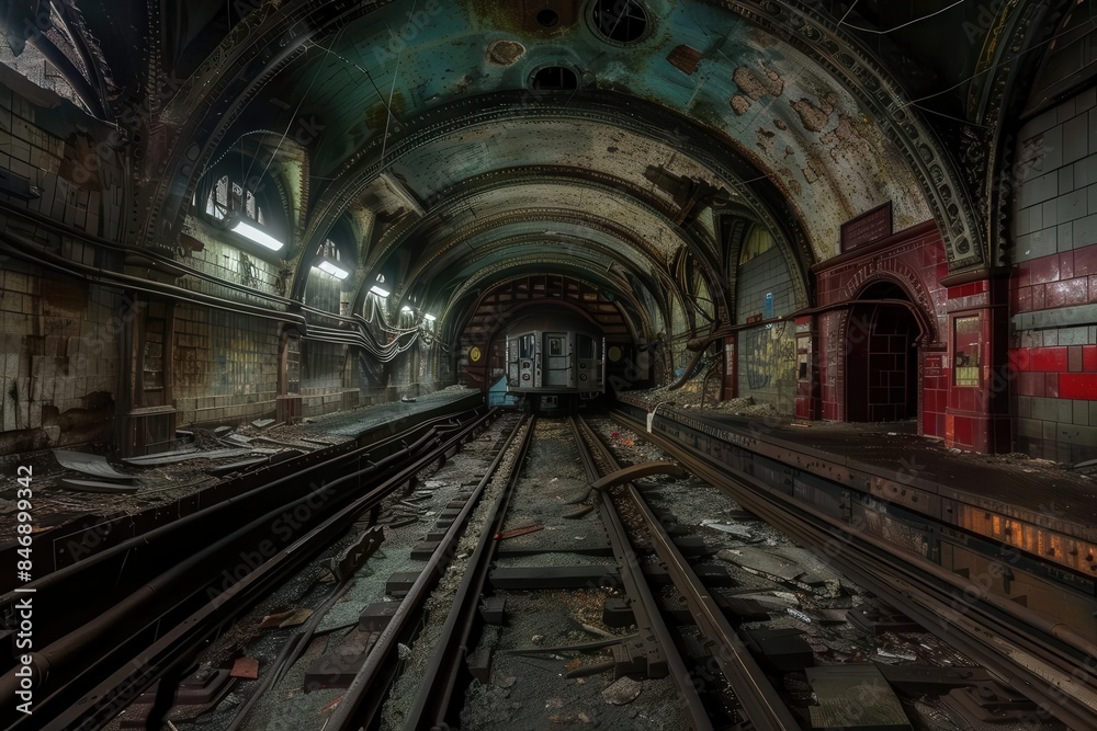 eerie abandoned subway station with vintage signs and debrisfilled ...