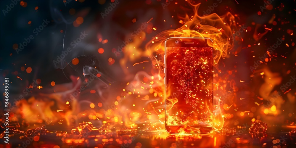 Smartphone fire and destruction caused by overcharged battery. Concept ...