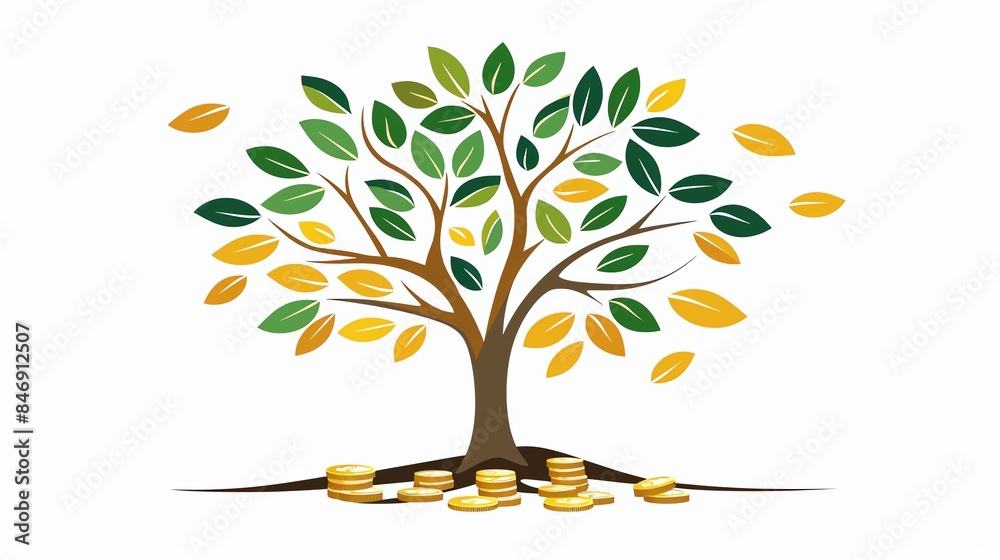 Green and gold money tree with coins at the roots. Stock Illustration ...