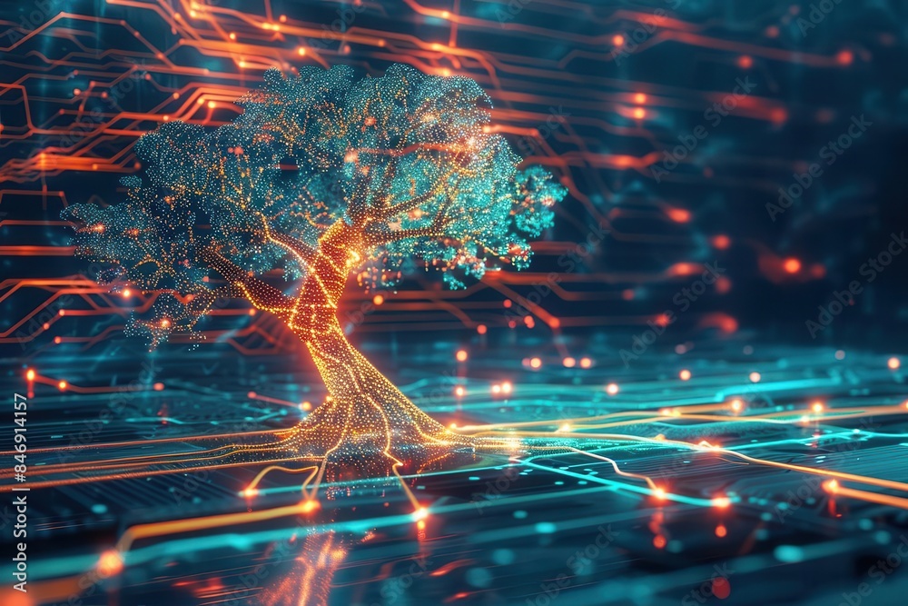 futuristic technology tree diagram with glowing nodes and connections ...