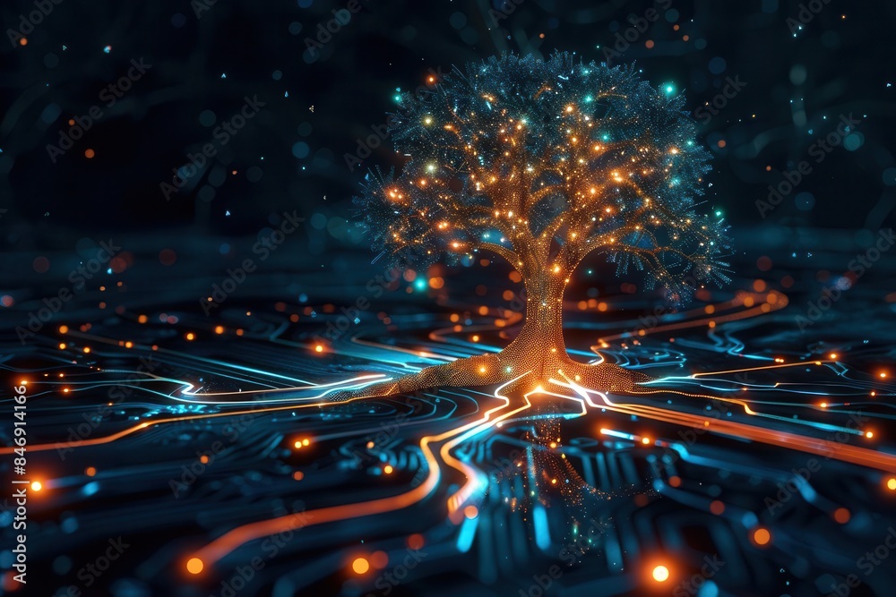 futuristic technology tree diagram with glowing nodes and connections ...