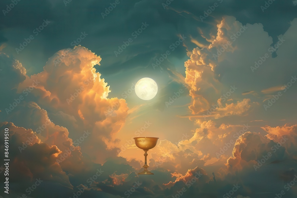 heavenly eucharist scene with sacred chalice and host floating in ...