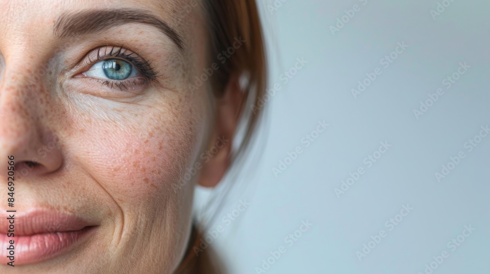 A close-up image of a woman face, showing her blue eyes, freckles, and ...