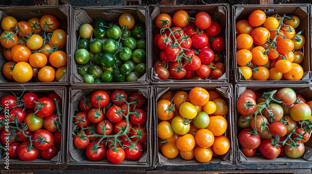 Aerial view of a farmer's market stall with an abundance of tomatoes in ...