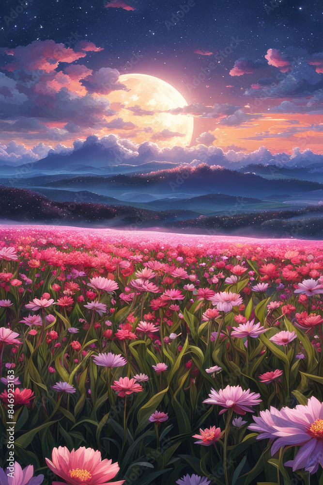Generative AI Beautiful Niji Anime scenery of a beauty flower fields ...