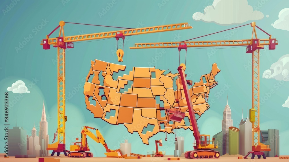 Playful Cartoon Construction Cranes Building United States Map with ...