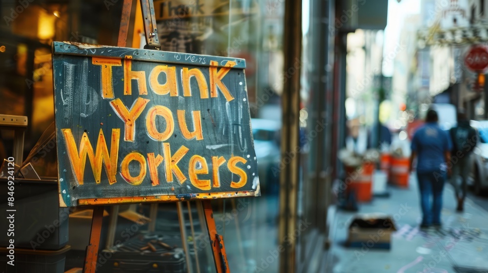 Hand-Painted "Thank You Workers" Sign in Storefront Window Stock Photo ...